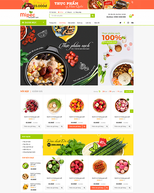 Giao diện Mipec dành cho website thực phẩm sạch